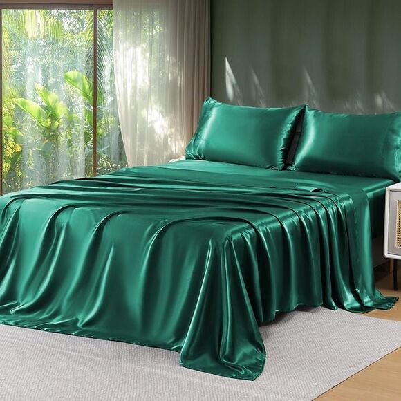 Bedding | Emerald Green Satin Sheets Queen 4piece Set Soft Silky Bed ...